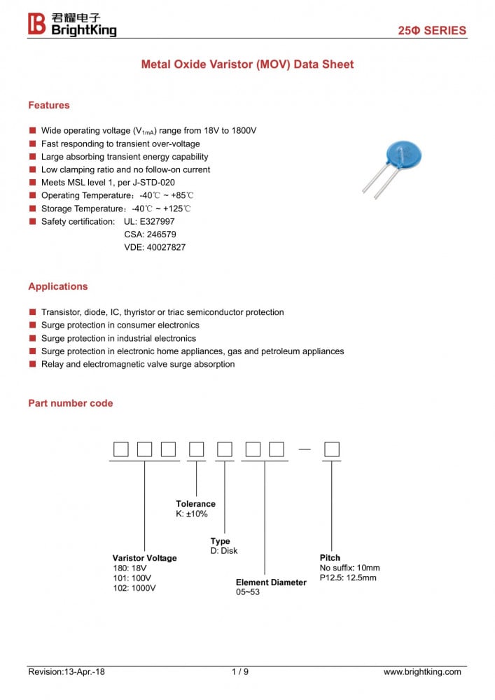 Brightking MOV datasheet page 1