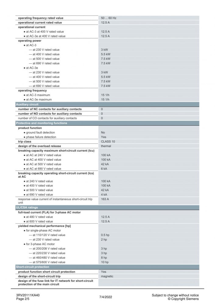 3RV20111KA40 datasheet page 2