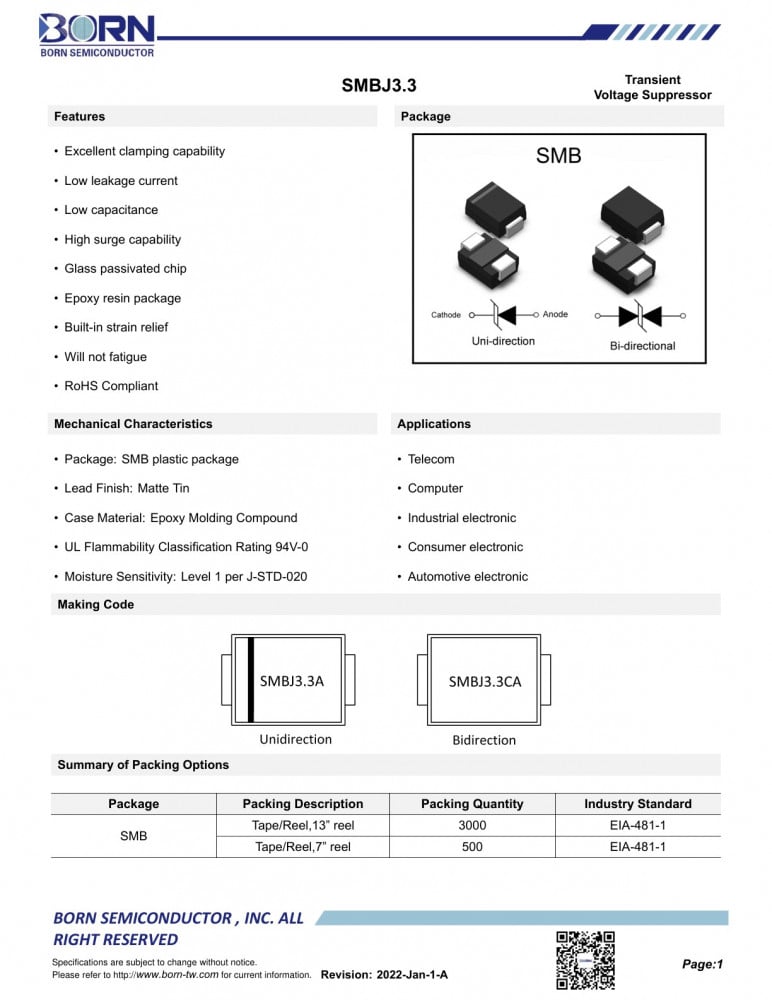 SMBJ3.3CA datasheet page 1