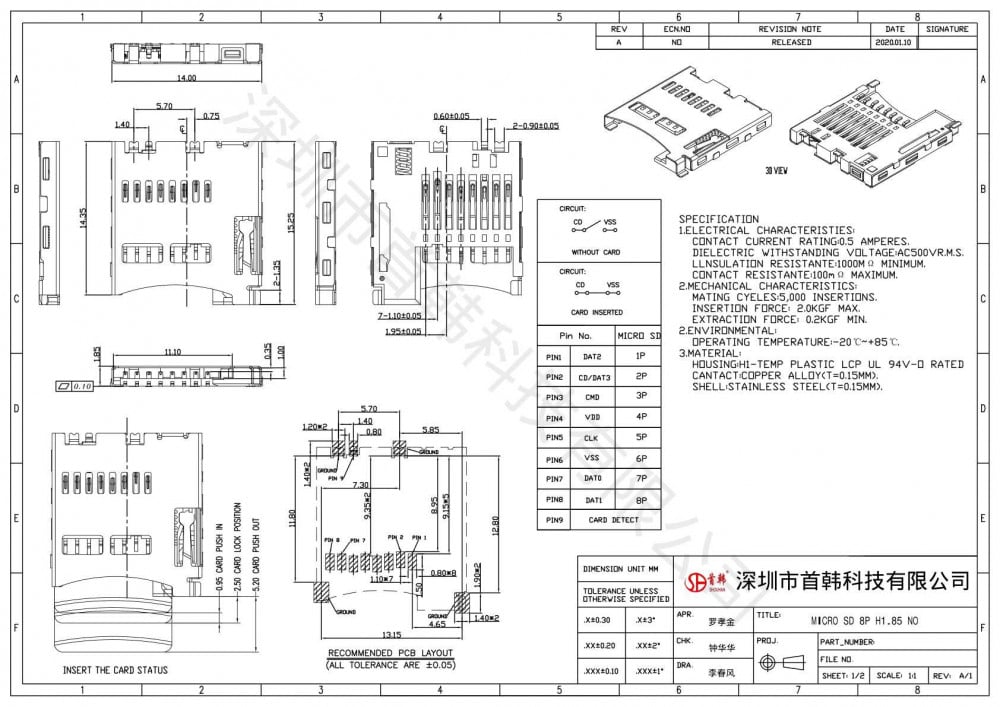MICRO SD 8P H1.85 N0 specification page 1