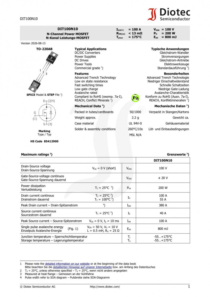 DIT100N10 datasheet page 1