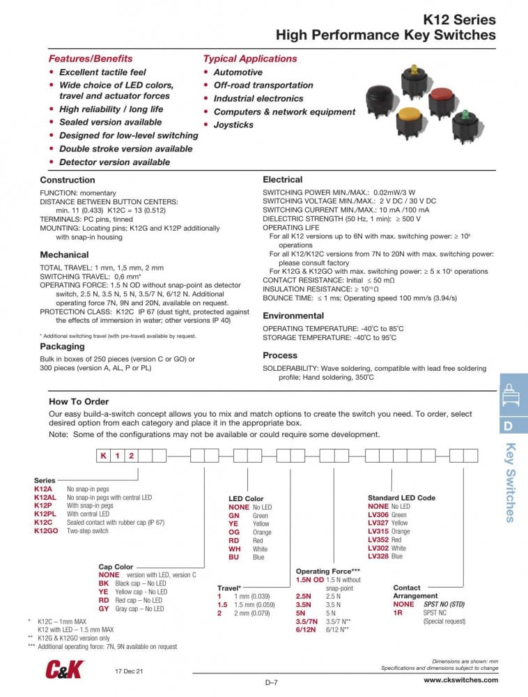C&K K12 series datasheet page 1