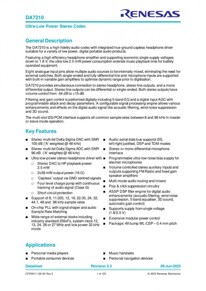 DA7210 datasheet page 1