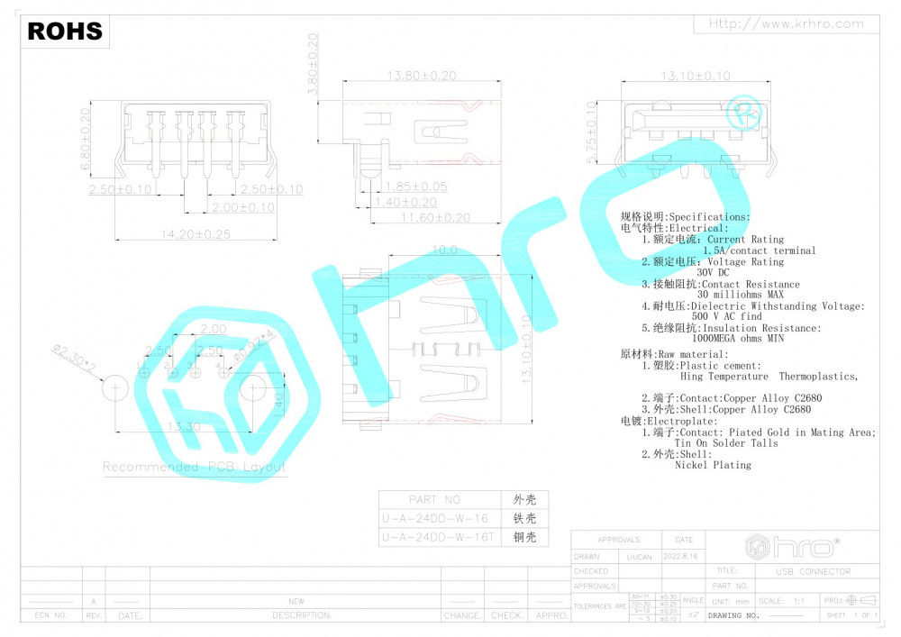 U-A-24DD-W-16T USB connector technical drawing