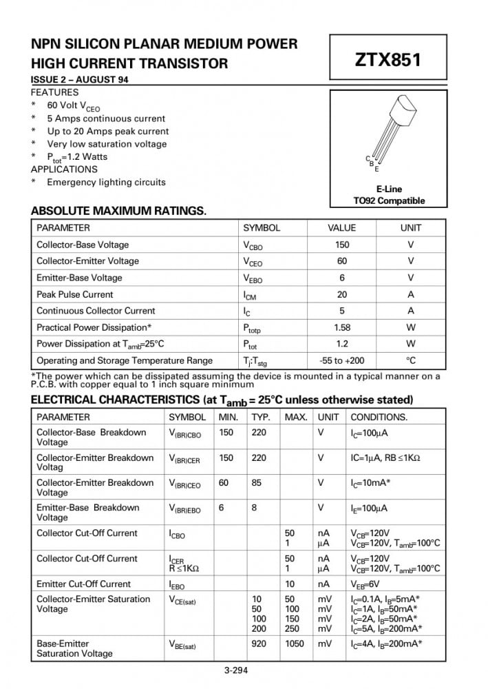 ZTX851STZ datasheet page 1