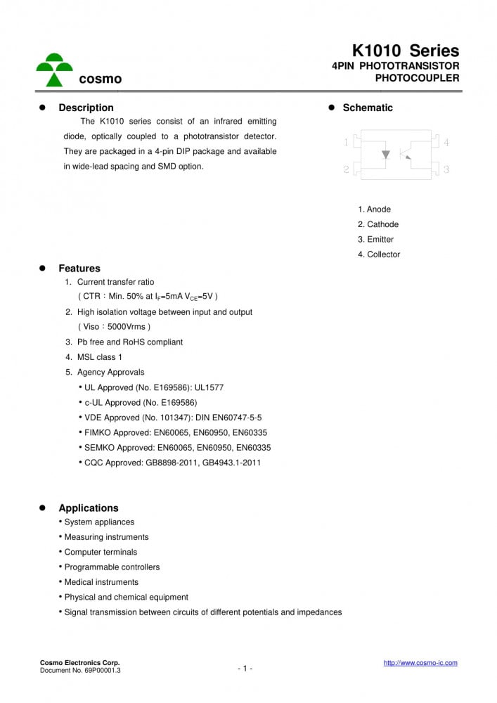 Cosmo K10104BTLD datasheet page 1