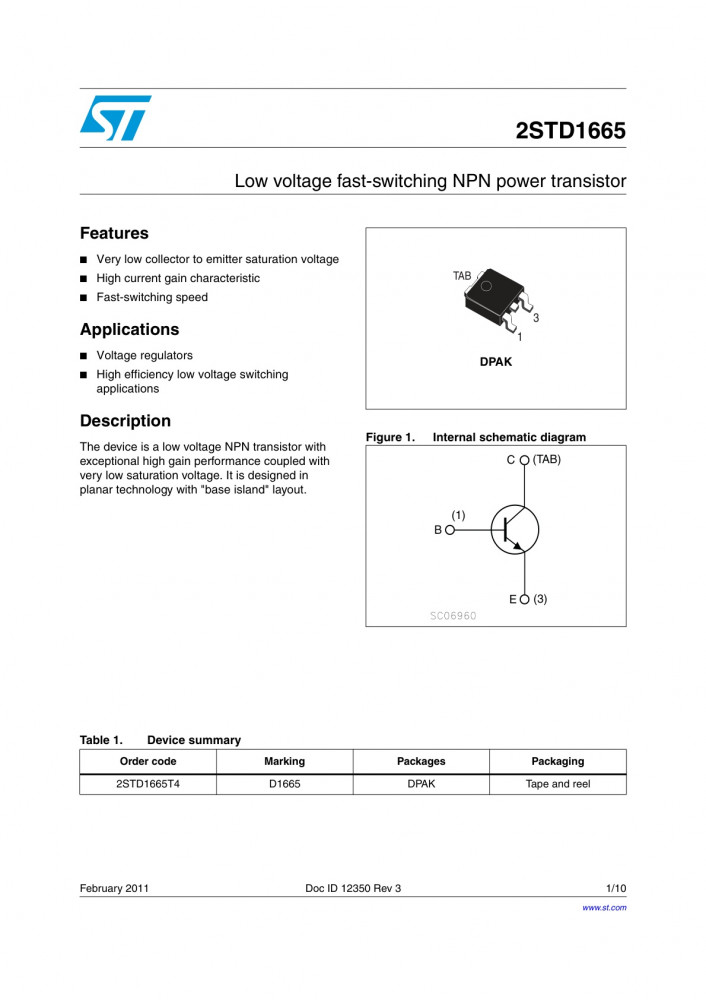 2STD1665T4 datasheet page 1