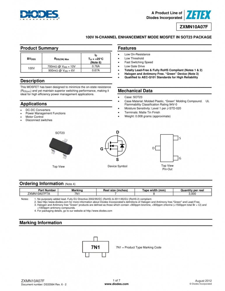 ZXMN10A07FTA datasheet page 1