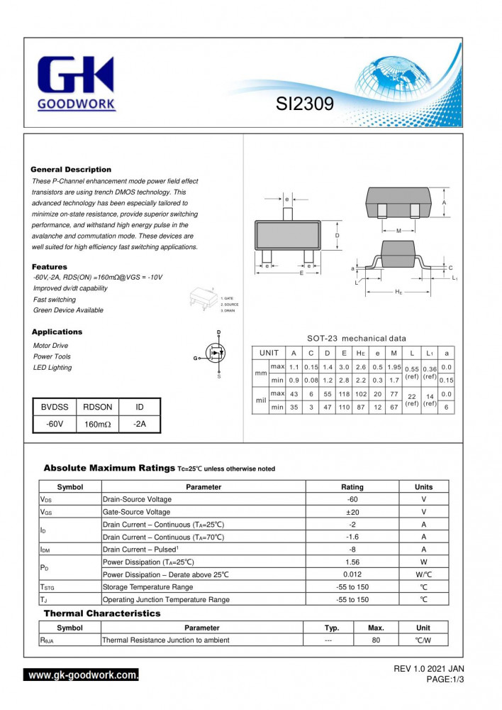GOODWORK SI2309 datasheet page 1