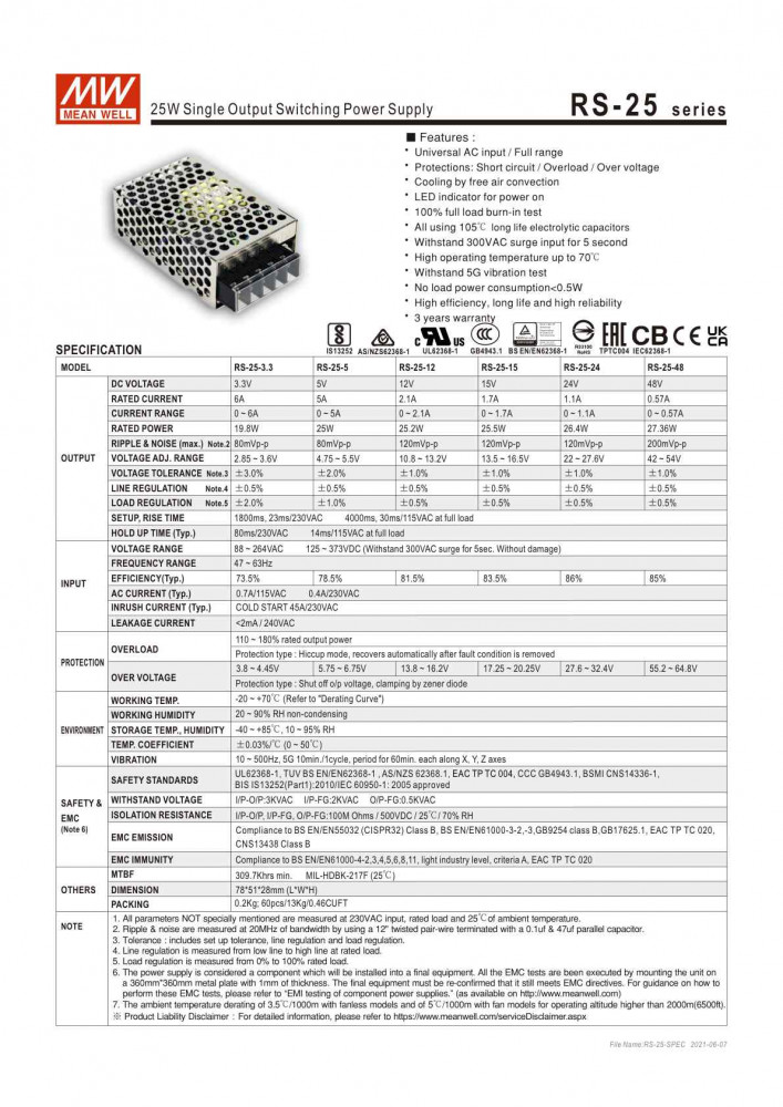 MEAN WELL RS-25 series datasheet page 1