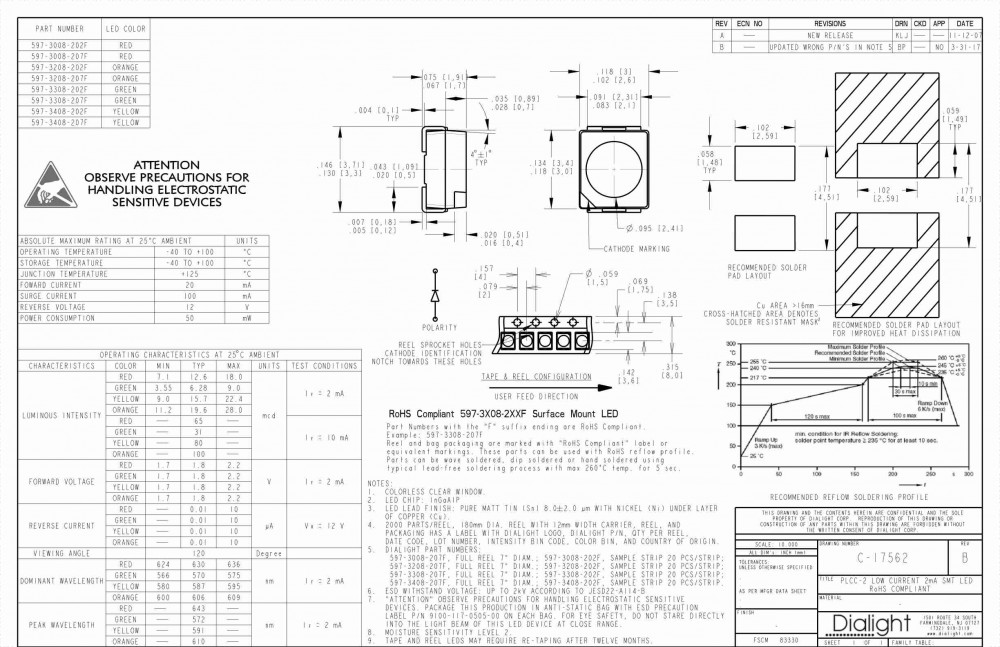 Dialight 597-3008-207F technical drawing and specification image