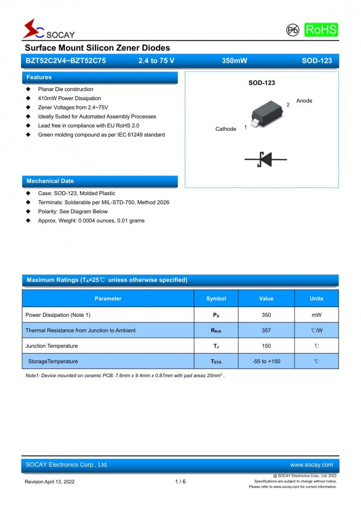 SOCAY BZT52C36 datasheet page 1