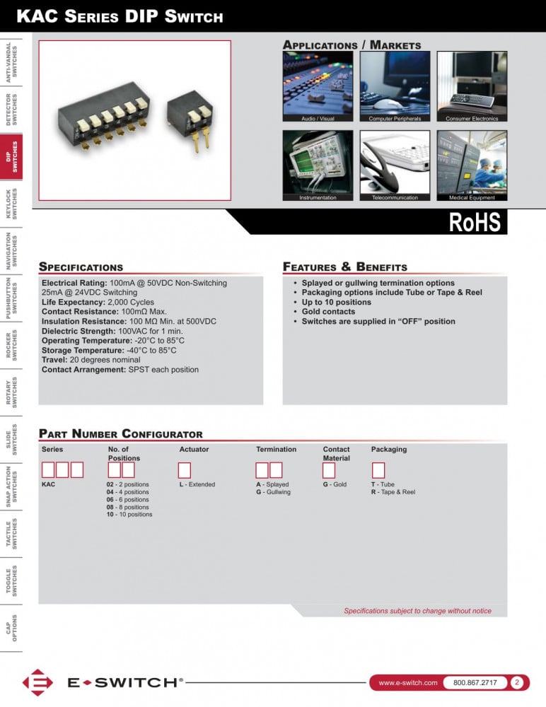 E-Switch KAC series DIP switch datasheet page 1