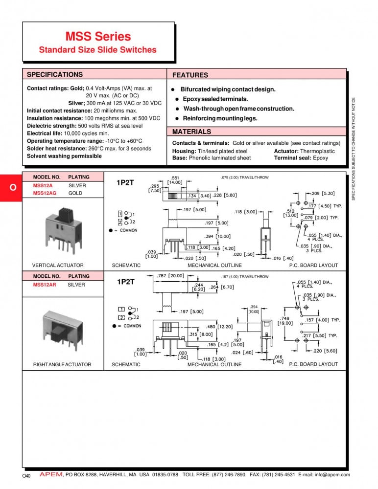 APEM MSS Series datasheet page 1