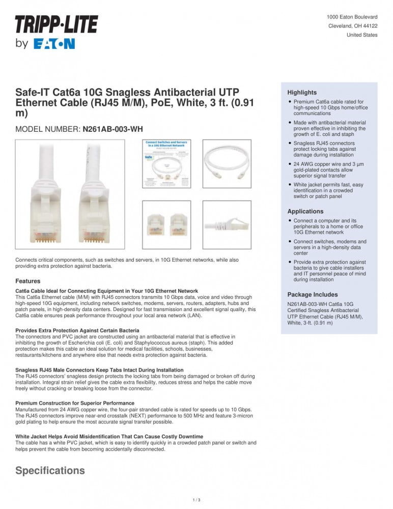 N261AB-003-WH technical document page 1