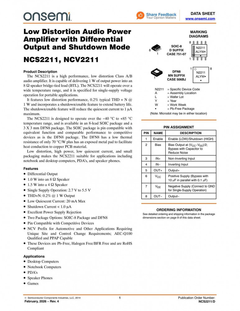 NCS2211 datasheet page 1