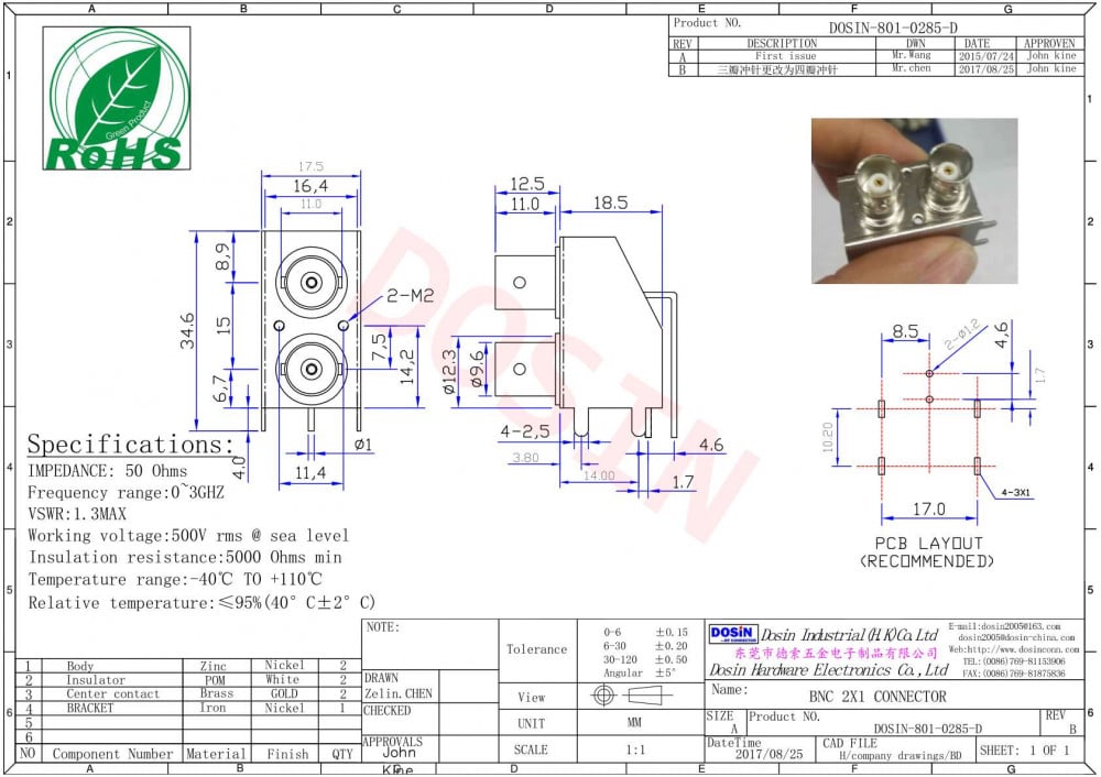 DOSIN-801-0285D technical drawing and recommended PCB layout