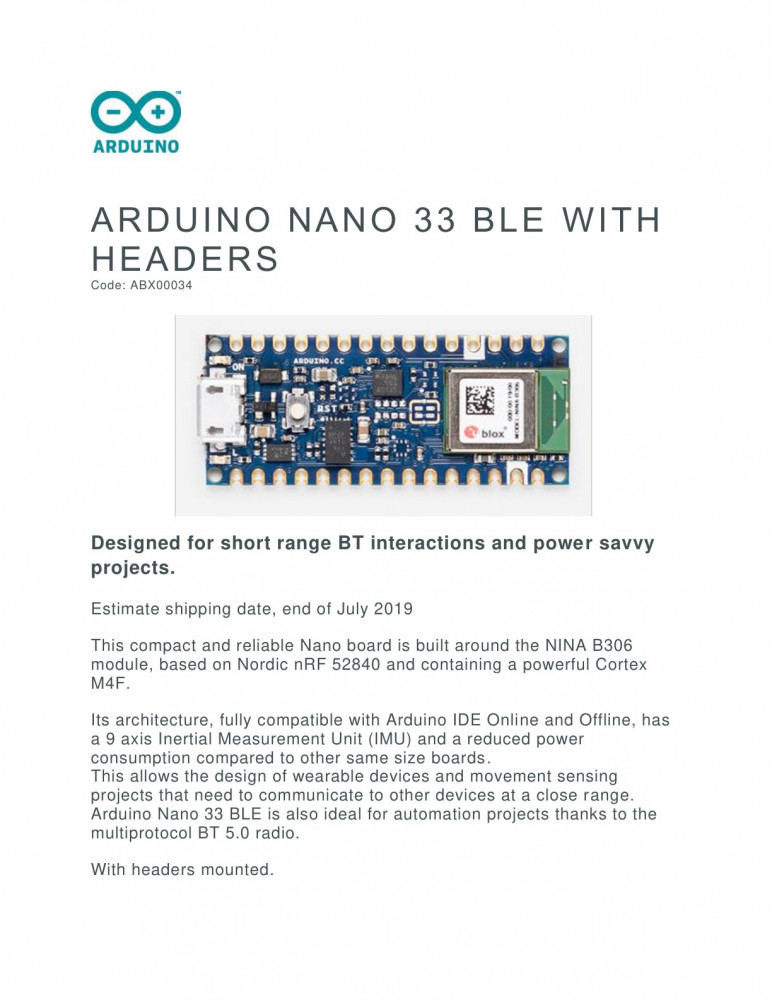 Arduino Nano 33 BLE documentation page 1