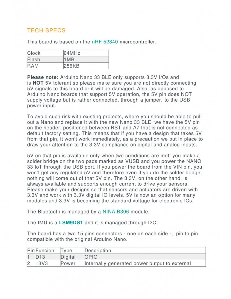 Arduino Nano 33 BLE documentation page 2