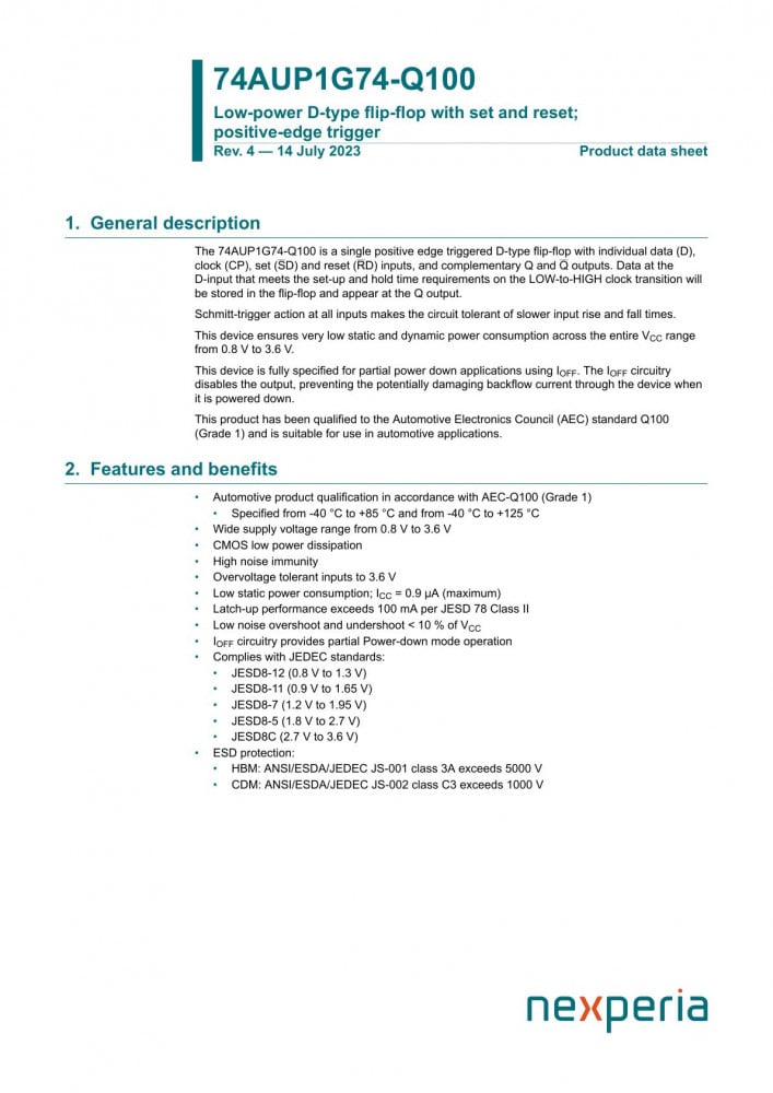 74AUP1G74-Q100 datasheet page 1