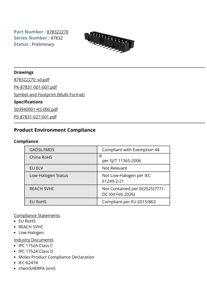 Molex 878322270 product drawing page 1