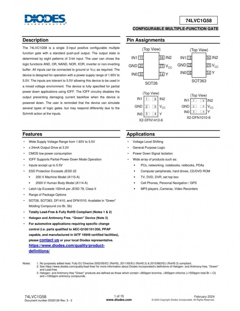 74LVC1G58FW4-7 datasheet page 1