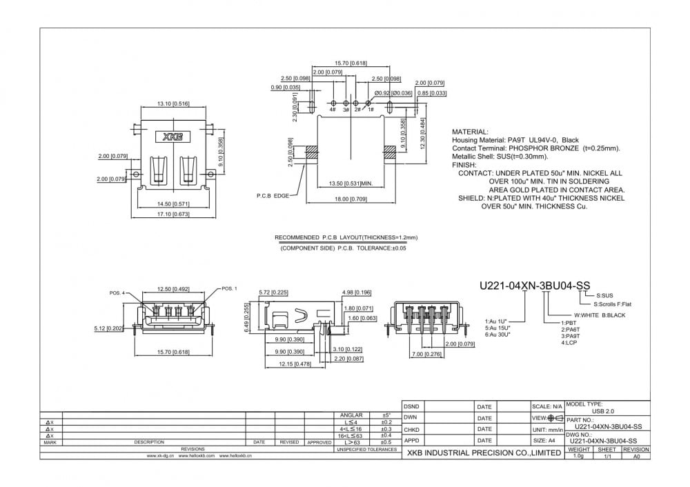 XKB USB 2.0 connector technical drawing