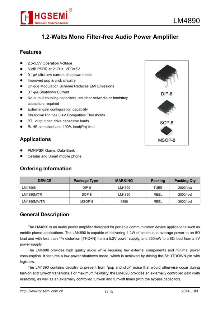 LM4890MM/TR technical document page 1