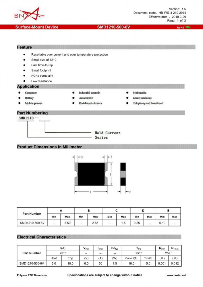 BNstar SMD1210-500-6V datasheet page 1