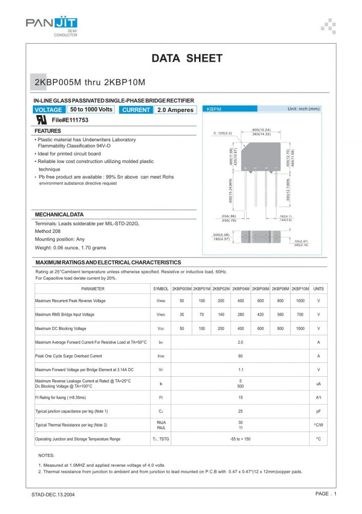 PANJIT 2KBP005M through 2KBP10M datasheet page 1
