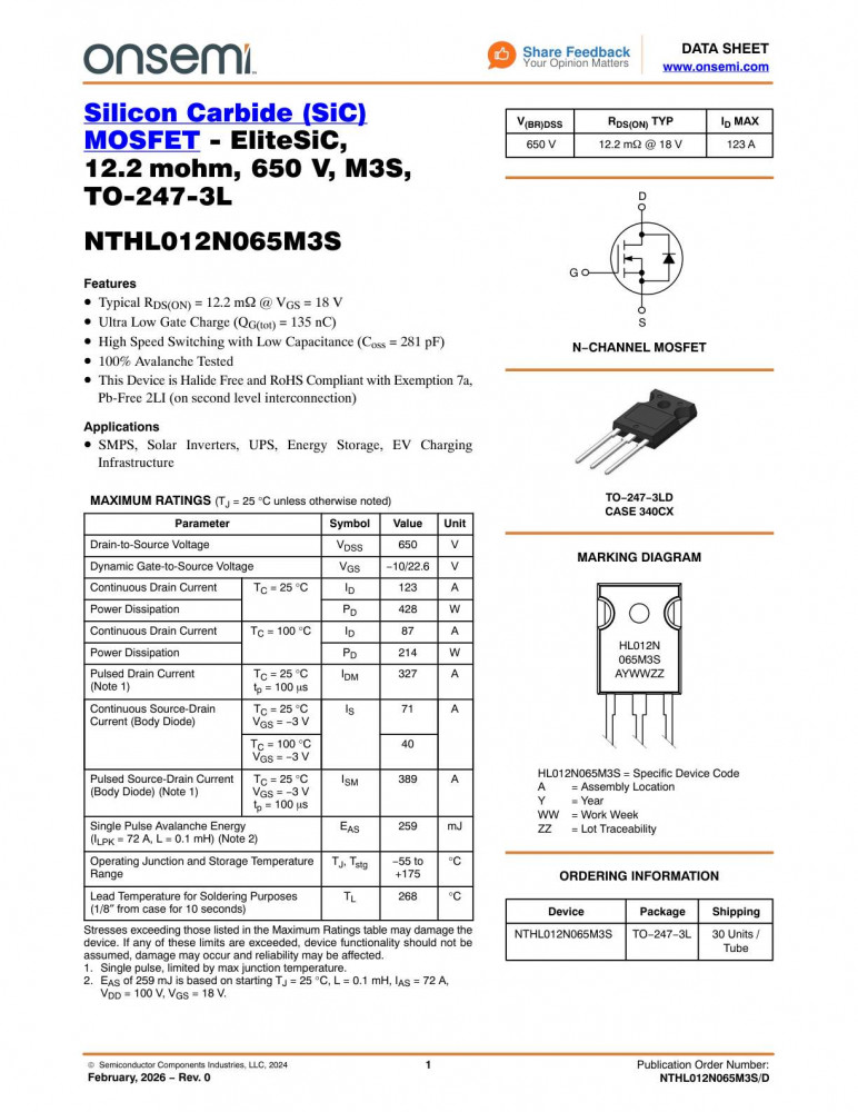 NTHL012N065M3S datasheet page 1