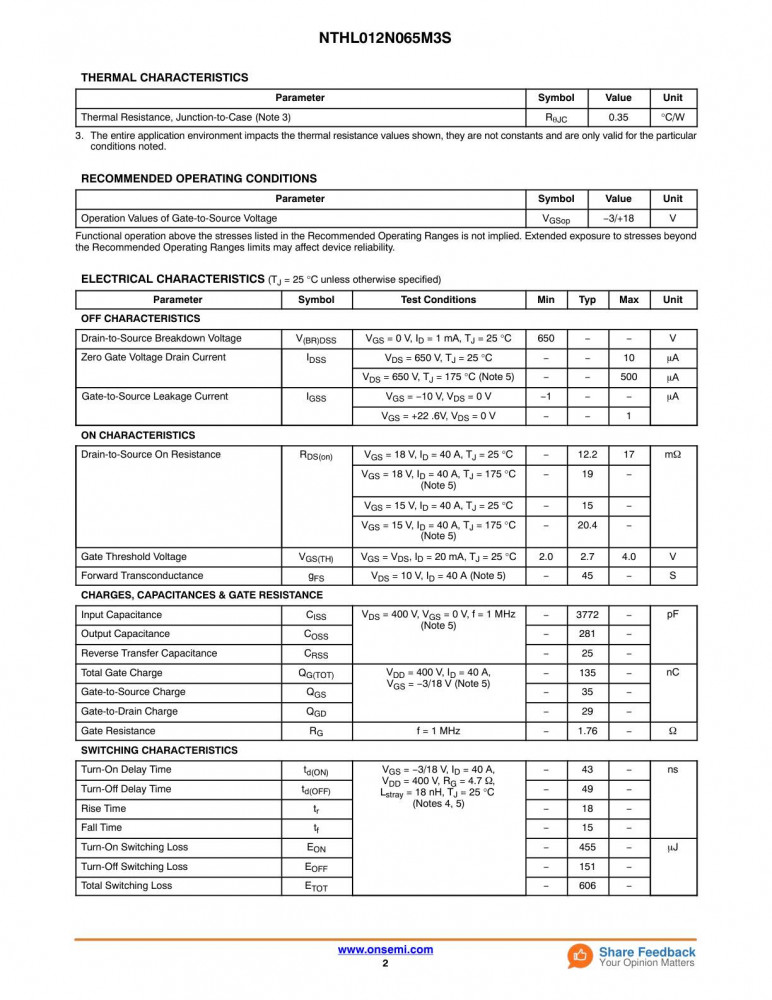 NTHL012N065M3S datasheet page 2