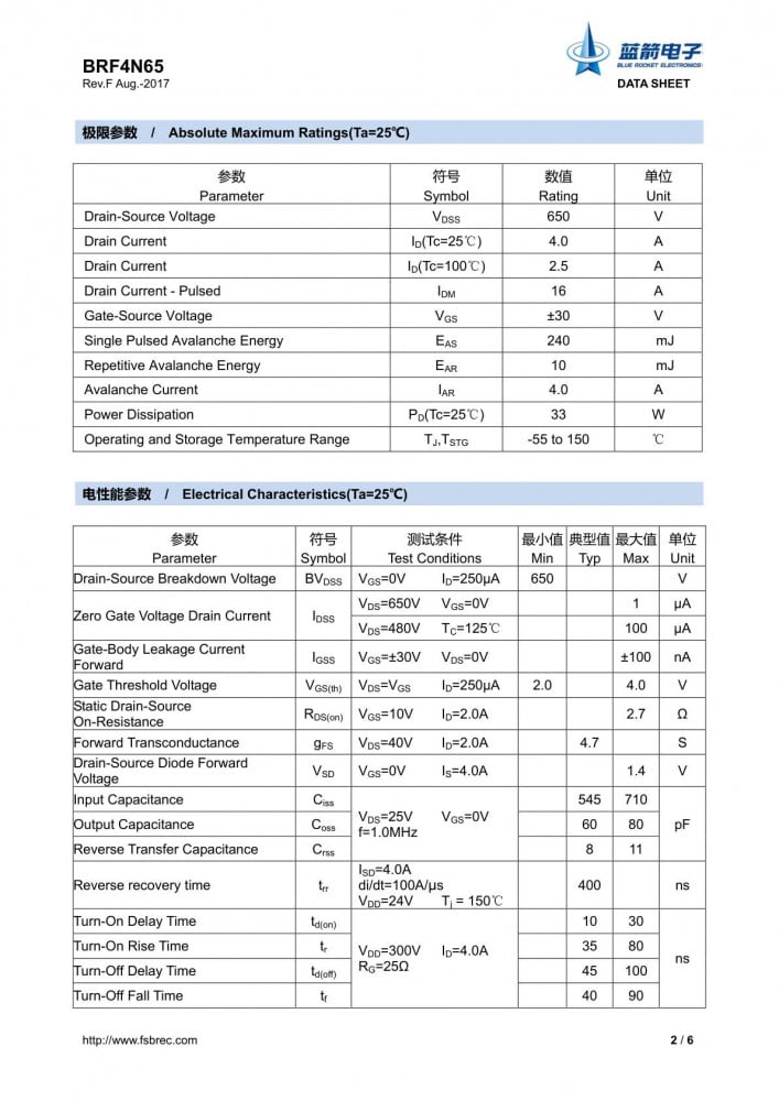 BRF4N65 datasheet page 2