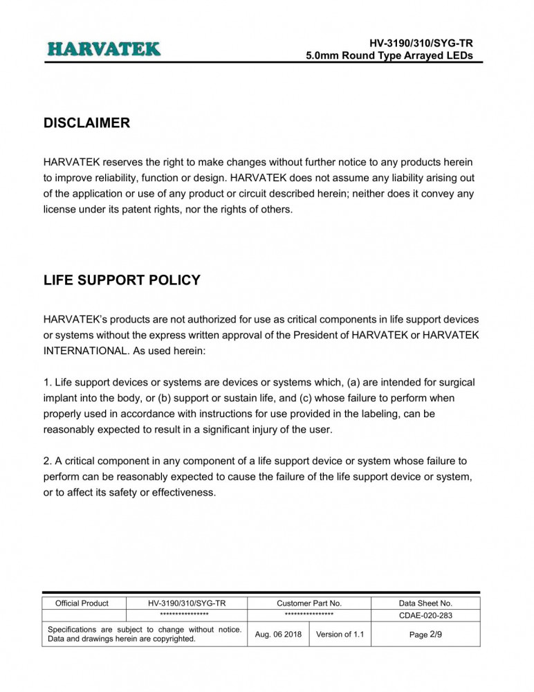 HV-3190/310/SYG-TR datasheet page 2