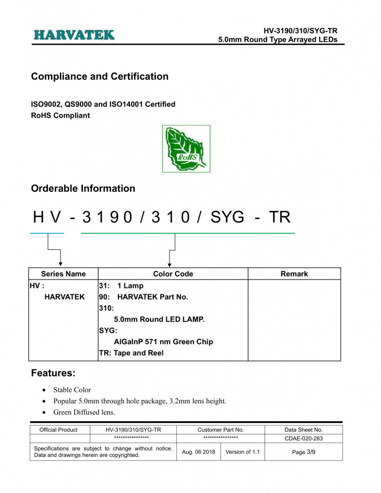 HV-3190/310/SYG-TR datasheet page 3