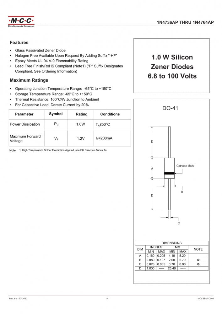 MCC 1N4742AP-TP datasheet page 1