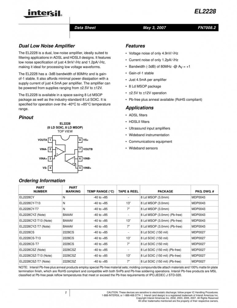 EL2228CS datasheet page 1