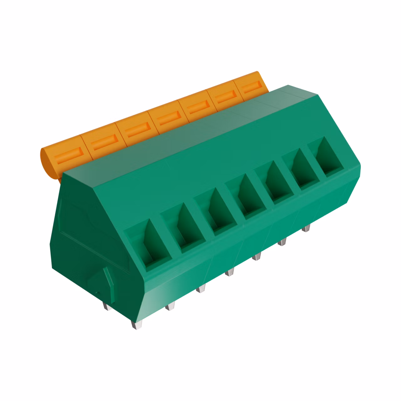 5.08mm Pitch, Eurostyle Fixed-Mount Push-Button Terminal Block, 45° Modular, 18A, 26-14 AWG, Green, 7 Circuits for sale