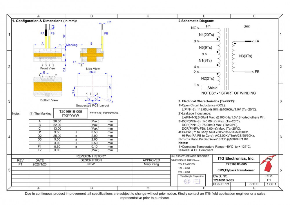 T201691B-005 flyback transformer configuration, dimensions, schematic and electrical characteristics