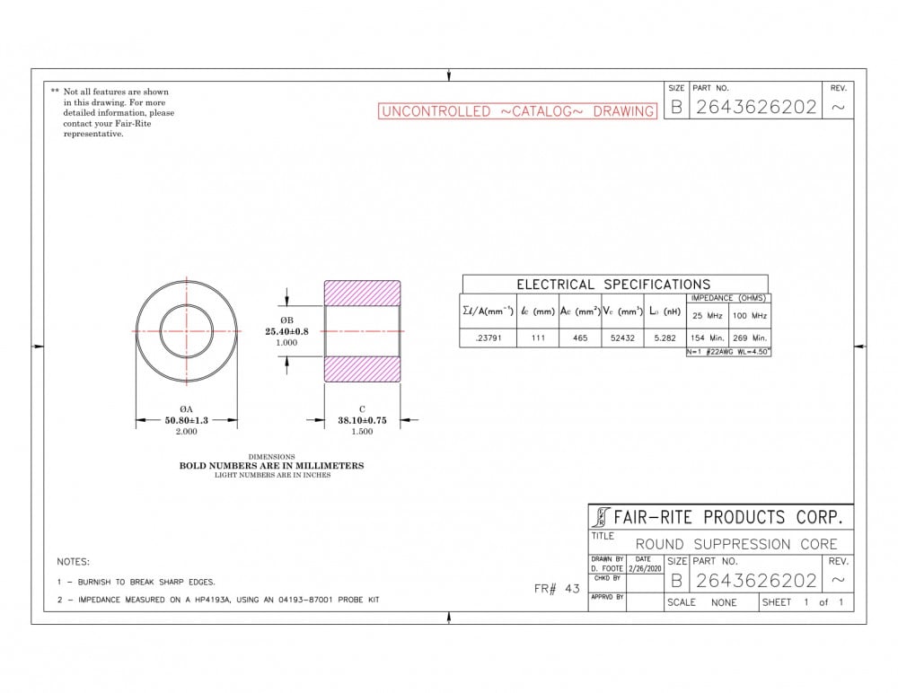 Fair-Rite 2643626202 technical drawing