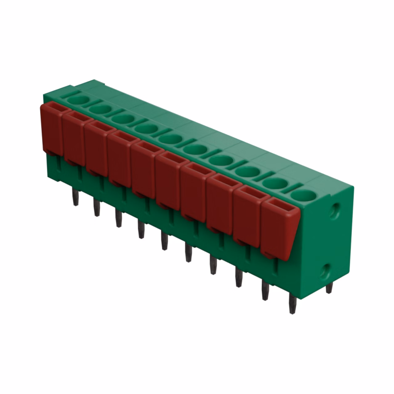 5.00mm Pitch, Eurostyle Fixed-Mount Push-Button Terminal Block, Vertical, 10A, 22-14 AWG, Green, 10 Circuits for sale