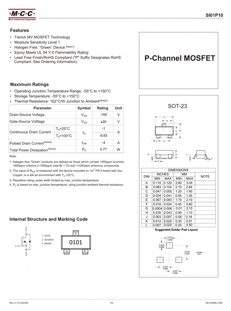 SI01P10-TP datasheet page 1