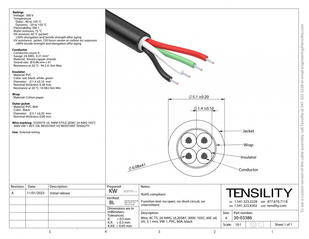 Tensility International 30-03386 cable product drawing