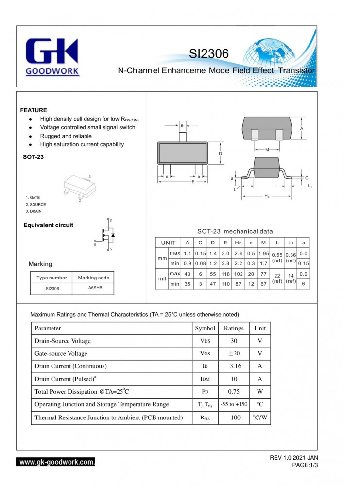 SI2306 datasheet page 1