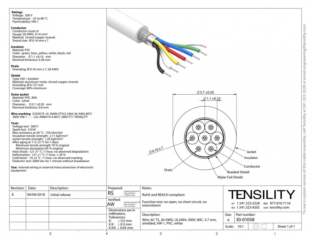 Tensility International 30-01058 technical drawing and cable specification