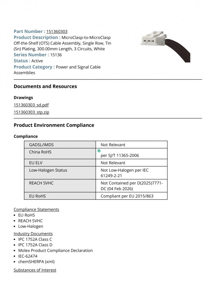 Molex 151360303 technical drawing page 1