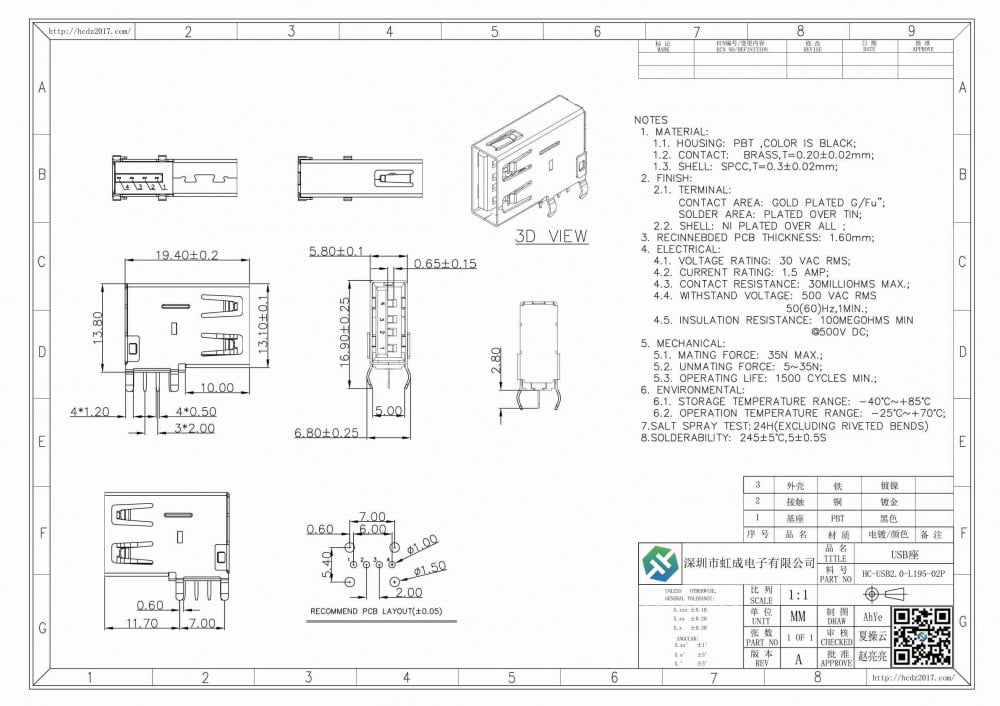 HC-USB2.0-L195-02P technical document preview