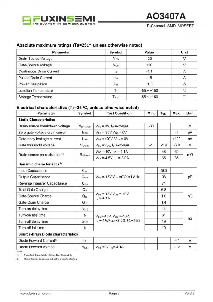 AO3407A datasheet page 2