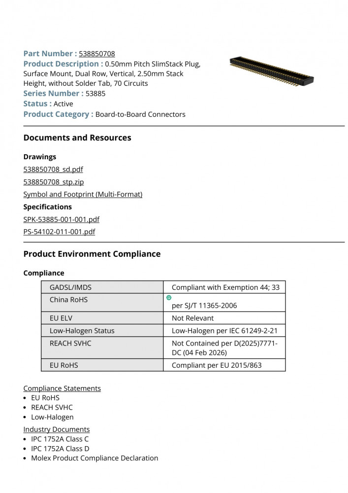 Technical document page image 1 for Molex 538850708