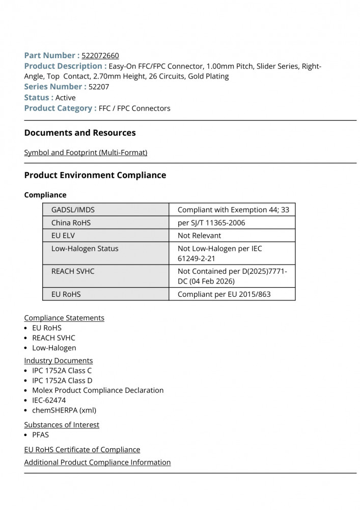 MOLEX 522072660 technical document, page 1
